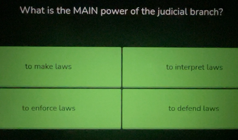 Solved: What is the MAIN power of the judicial branch? to make laws to ...