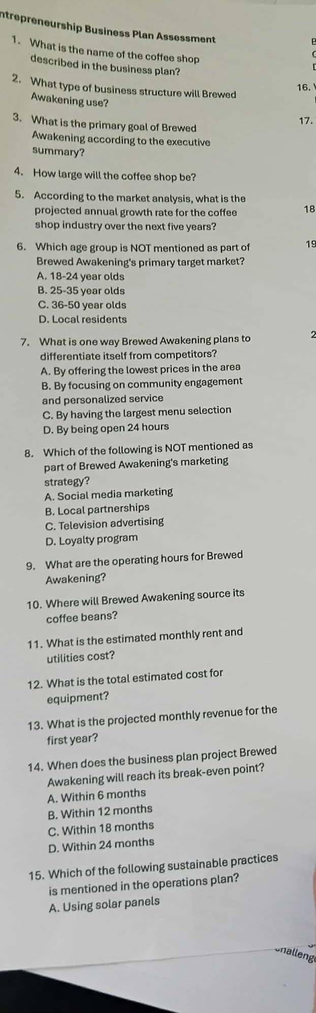 Solved: ntrepreneurship Business Plan Assessment 1. What is the name of ...