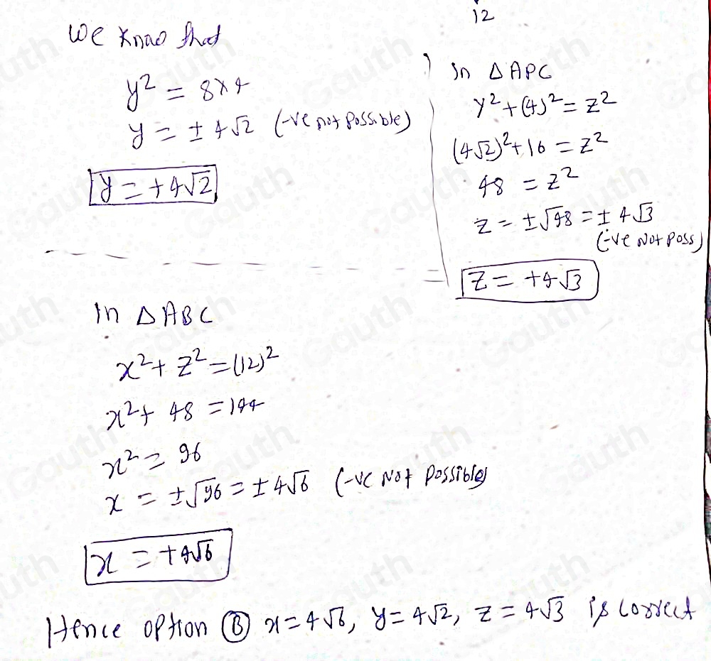 Solved: Consider the diagram below. A x=4sqrt(2), y=4sqrt(2), z=4sqrt(3) B x=4sqrt(6), y=4sqrt(2 ...