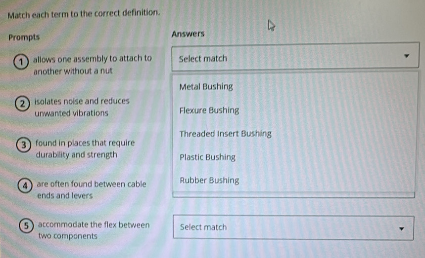 Solved: Match each term to the correct definition. Prompts Answers 1) allows one assembly to ...
