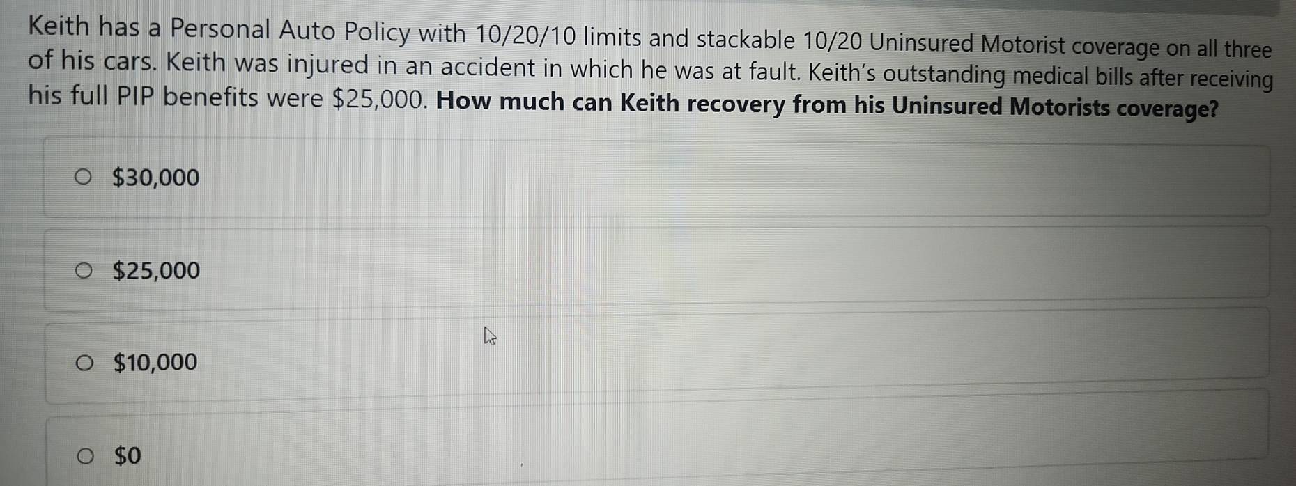 Solved: Keith has a Personal Auto Policy with 10/20/10 limits and ...