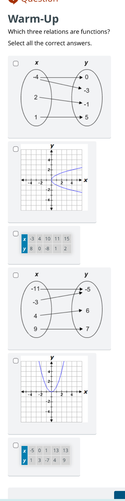 تم الحل:Warm-Up Which three relations are functions? Select all the ...