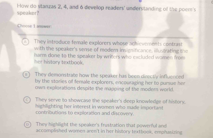 Solved: How do stanzas 2, 4, and 6 develop readers' understanding of ...