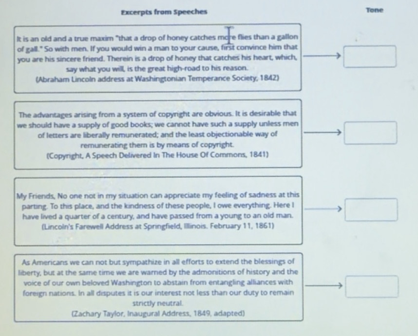 Solved: Excerpts from Speeches Tone It is an old and a true maxim "that ...