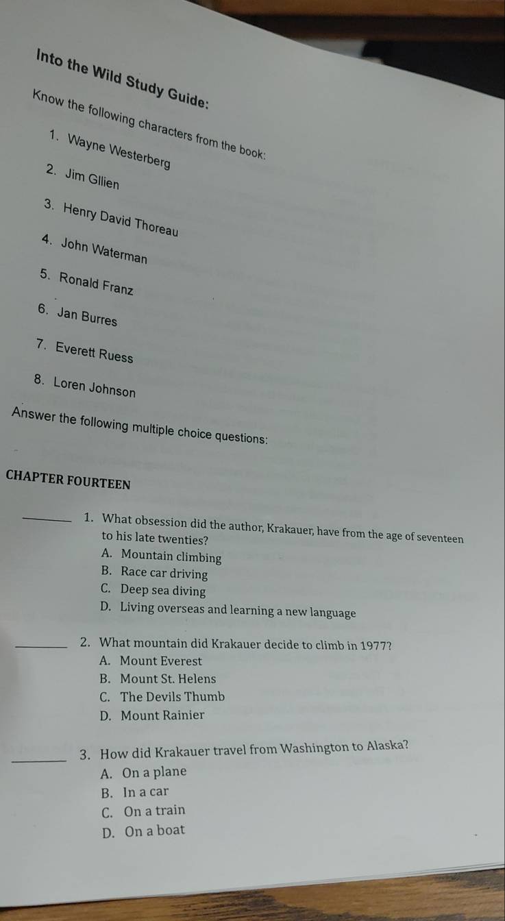 Solved: Into the Wild Study Guide Know the following characters from ...
