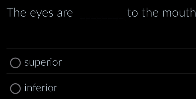 Solved: The eyes are _to the mouth superior inferior [Biology]