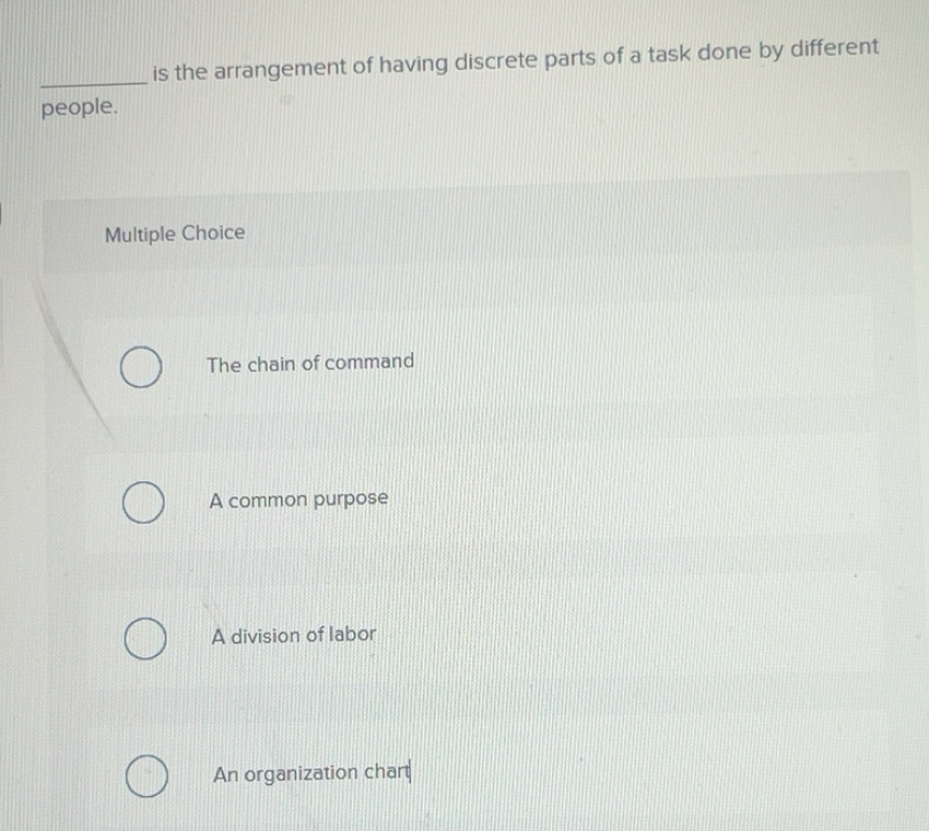 Solved: is the arrangement of having discrete parts of a task done by ...