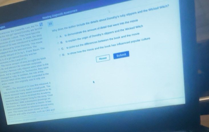 Solved: Reading Diagnoutic Assessment ecause of one movie. In 1939, the ...