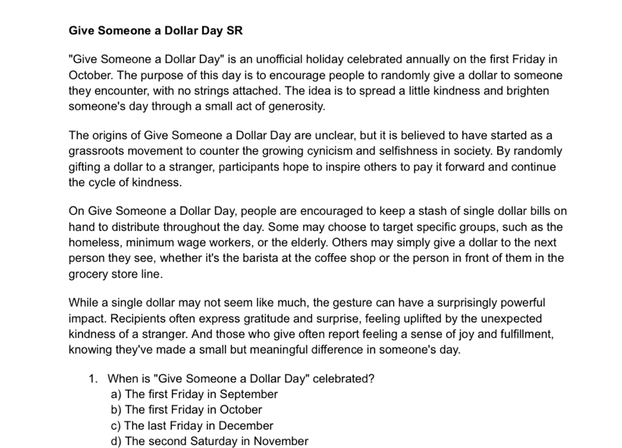 Solved: Give Someone a Dollar Day SR "Give Someone a Dollar Day" is an ...