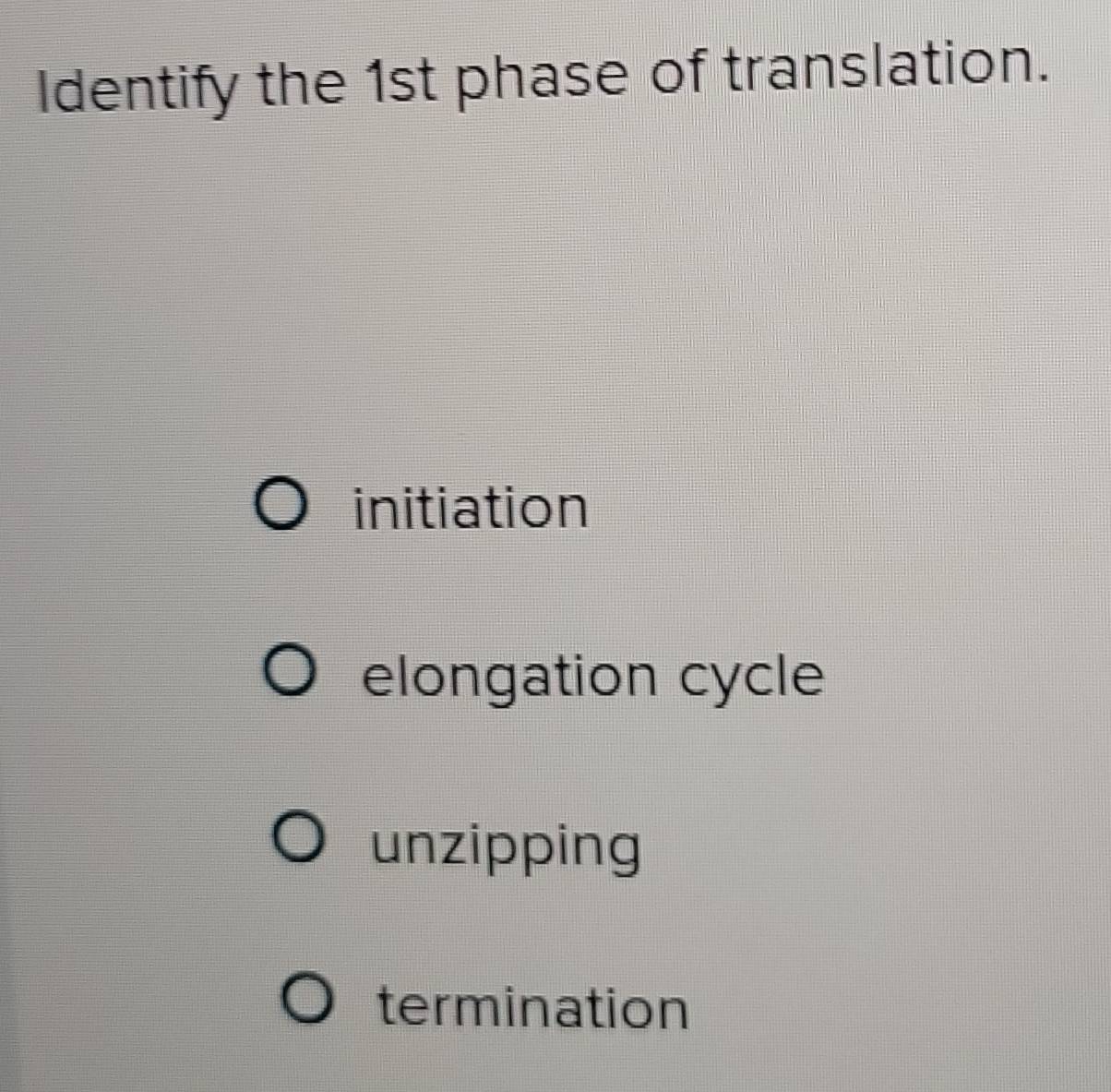 Solved: Identify the 1st phase of translation. initiation elongation ...