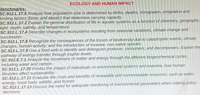 Solved: ECOLOGY AND HUMAN IMPACT Benchmarks: SC.912.L.17.5 Analyze how ...