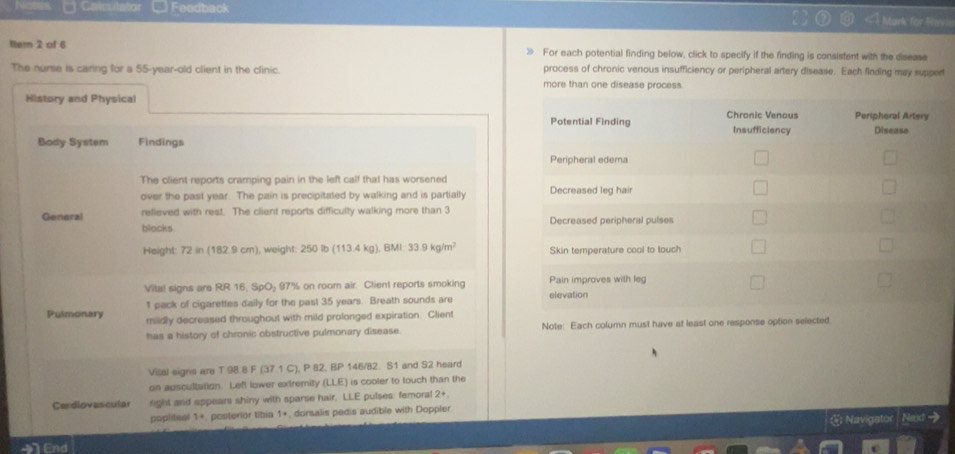 Solved: Catculator Feedback Mark for Fay te 2 of 6 For each potential finding below, click to ...