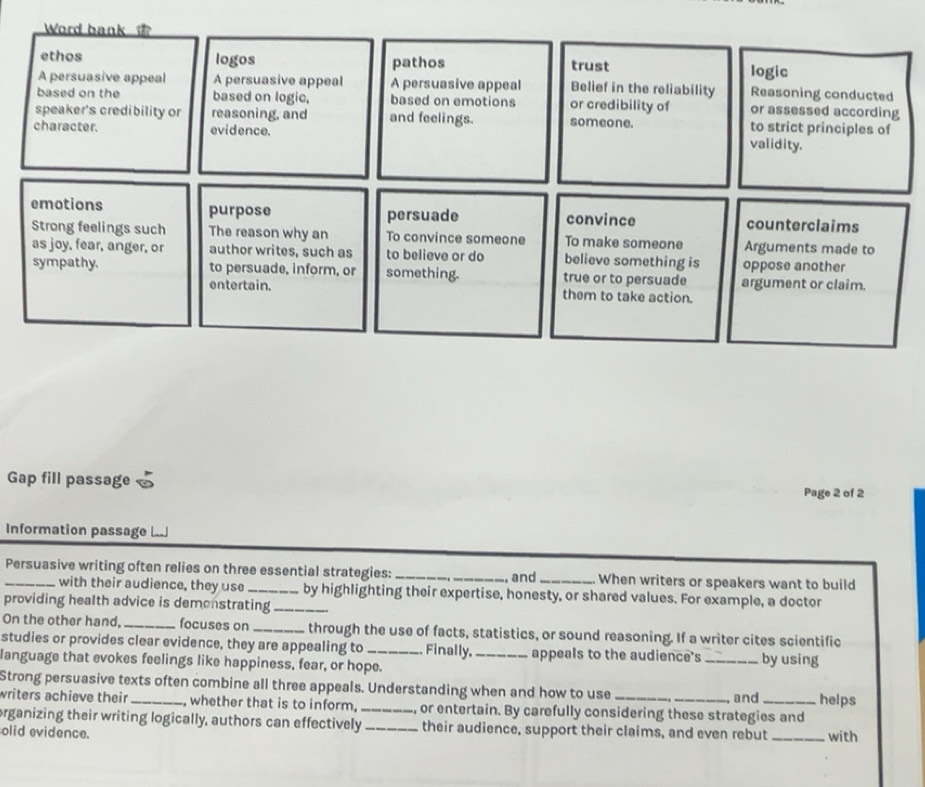 Résolu :Word bank ethos logos pathos trust logic A persuasive appeal A ...