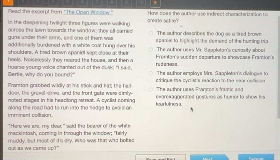 Resuelto:9 10 Read the excerpt from "The Open Window." How does the ...