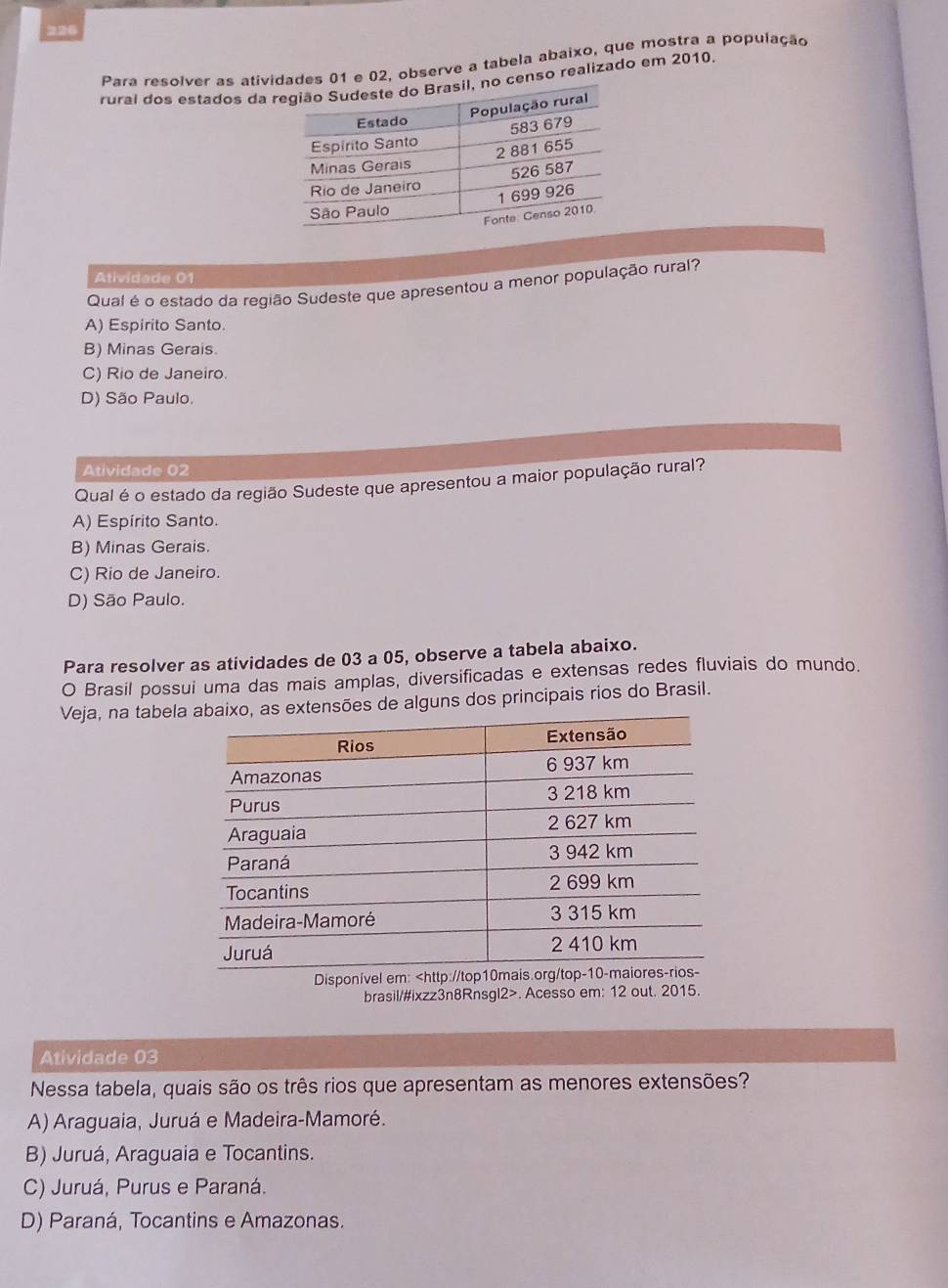 Resolvido:226 Para resolver as ativi 01 e 02, observe a tabela abaixo ...