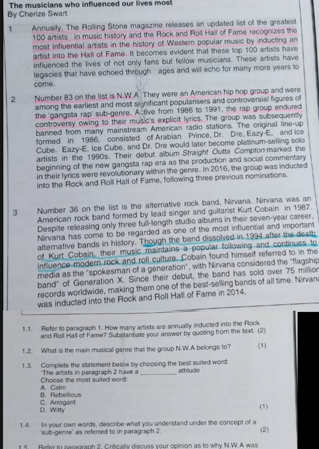 Solved: The musicians who influenced our lives most By Cherize Swart 1 ...