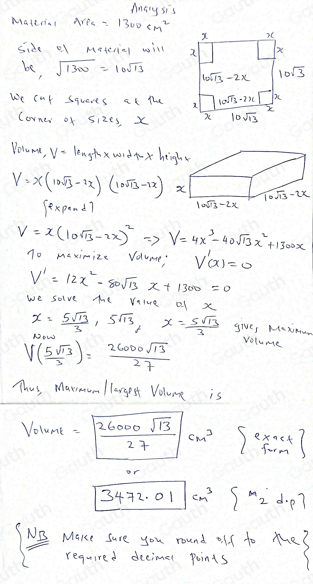 Solved: If 1300 square centimeters of material is available to make a ...