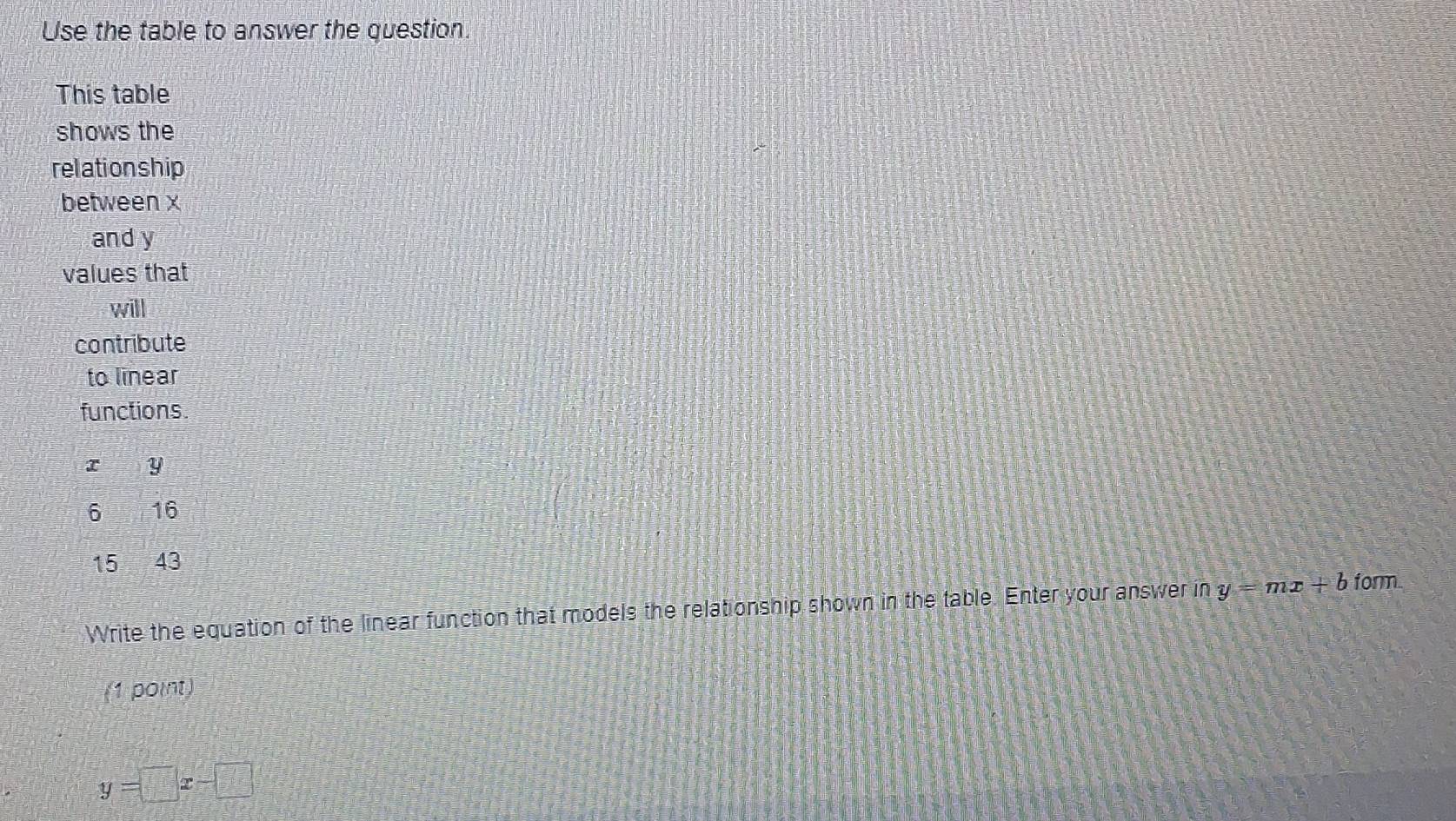 Solved: Use the table to answer the question This table shows the relationship between x and y ...