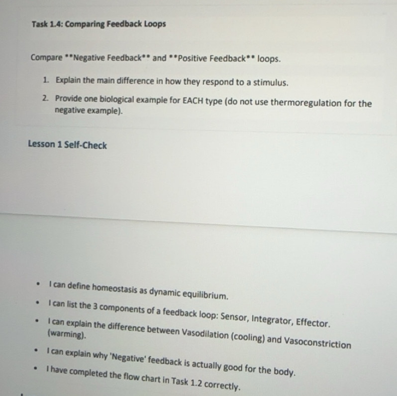 Solved: Task 1.4: Comparing Feedback Loops Compare **Negative Feedback ...