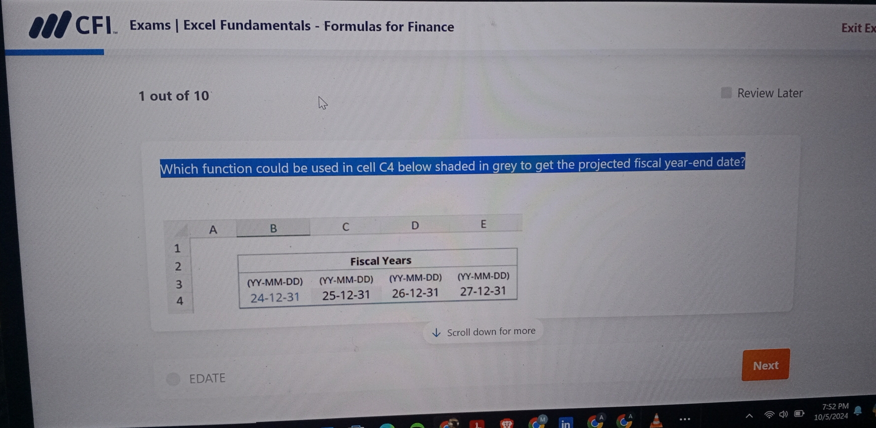 Solved: al CFI. Exams | Excel Fundamentals - Formulas for Finance Exit Ex 1 out of 10 Review ...