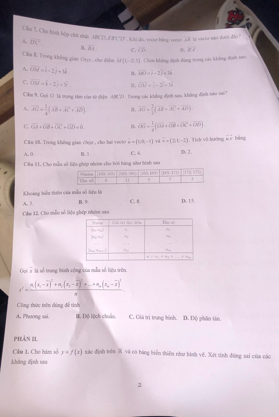 Giải quyết:Câu 7, Cho hình hộp chữ nhật ABCD.A'B'C'D' , Khi đó, vectơ ...