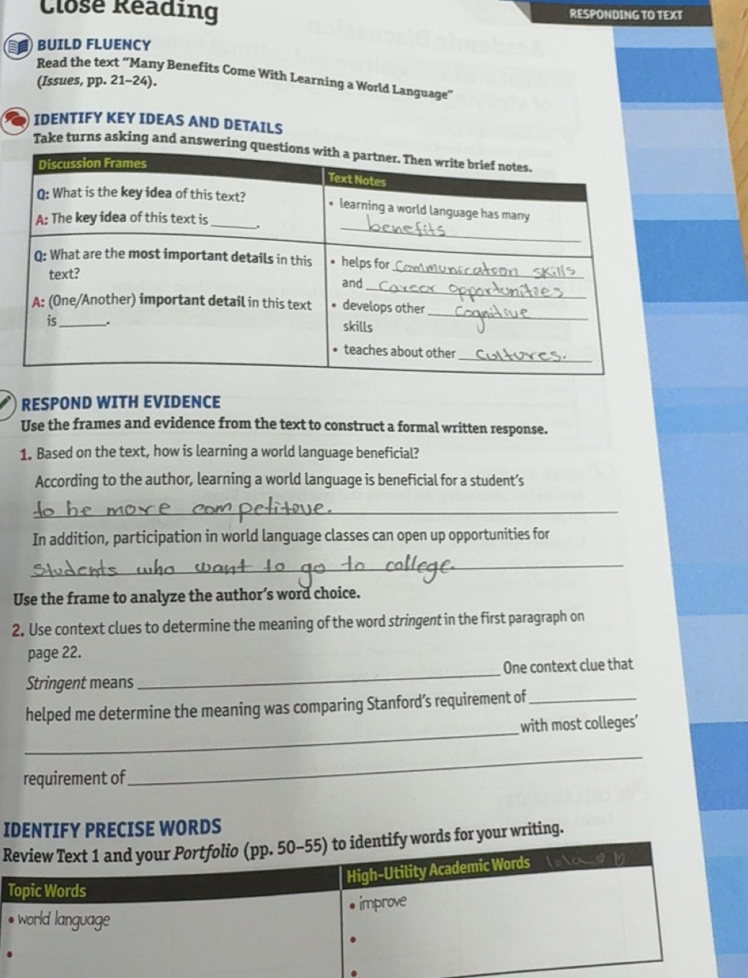 Gelöst:Close Reading RESPONDING TO TEXT ) BUILD FLUENCY Read the text ...