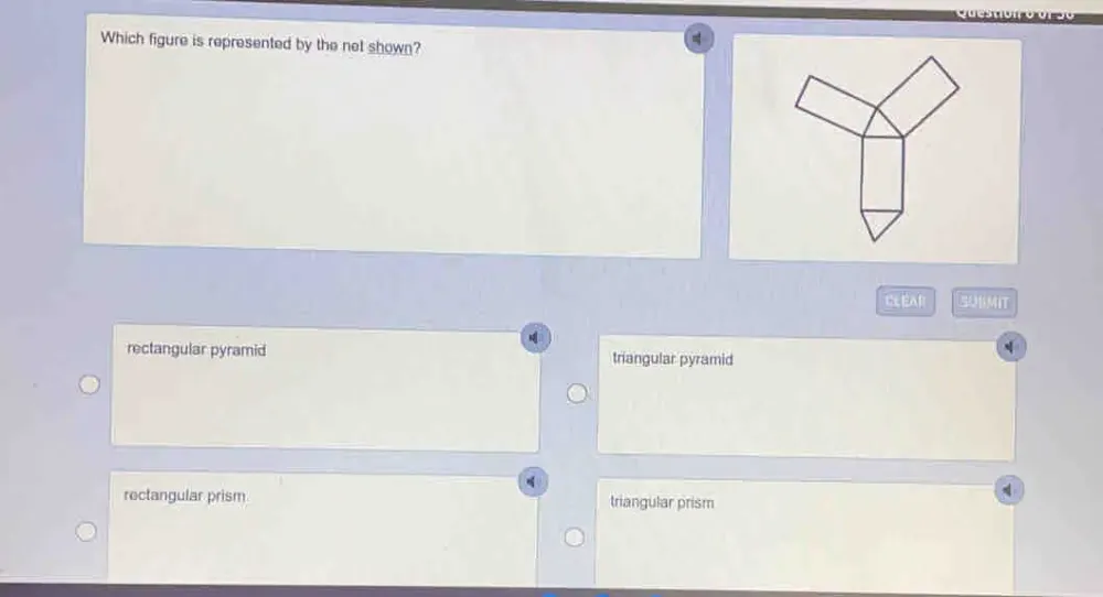 Solved: Which figure is represented by the net shown? CLEAR SUBMIT rectangular pyramid triangula ...