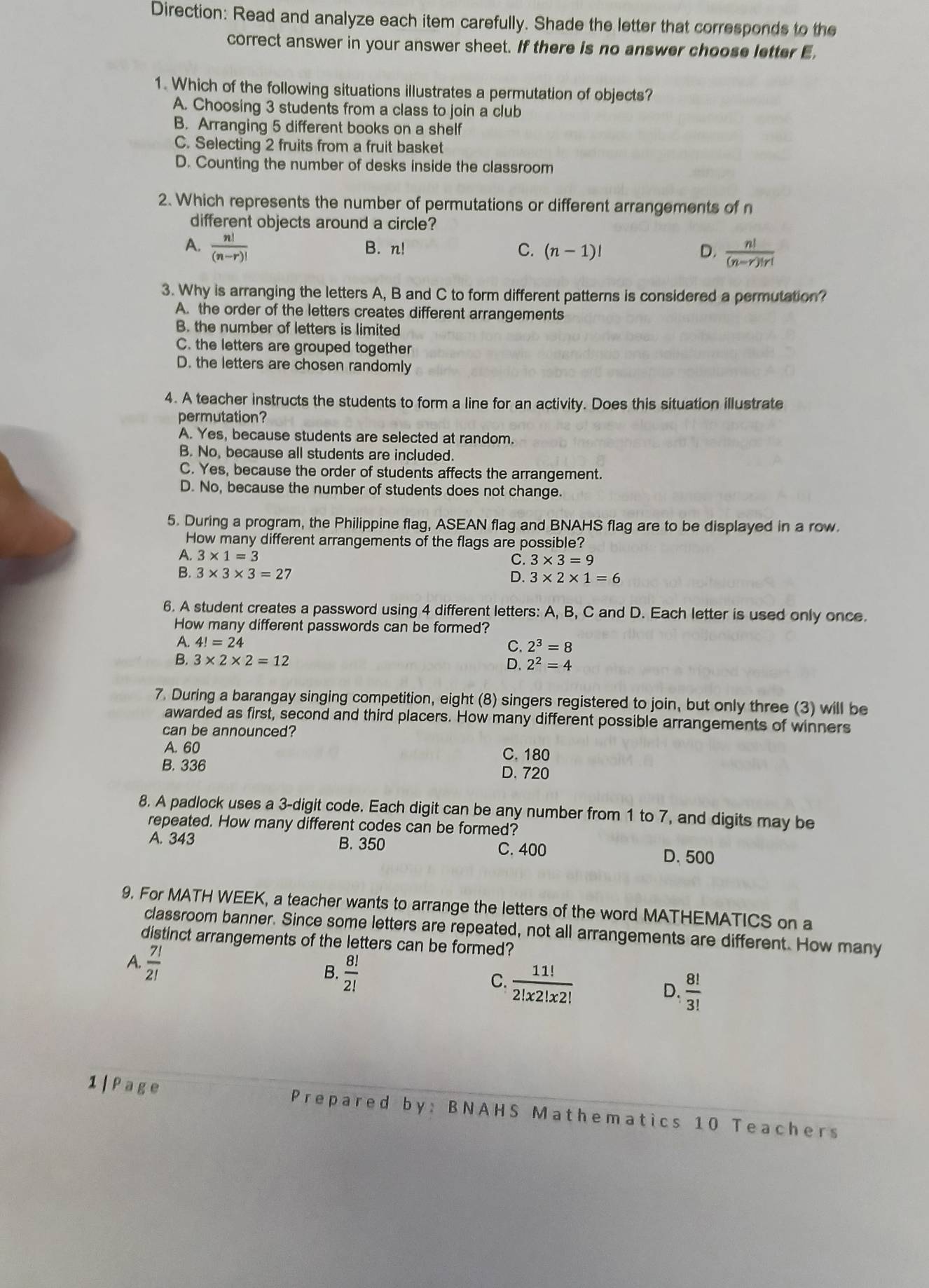 Solved: Direction: Read and analyze each item carefully. Shade the ...