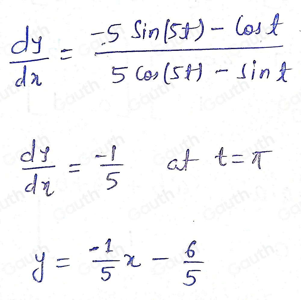 Solved: Consider the following parametric curve. x=sin (5t)+cos (t), y=cos (5t)-sin (t) Find dy ...