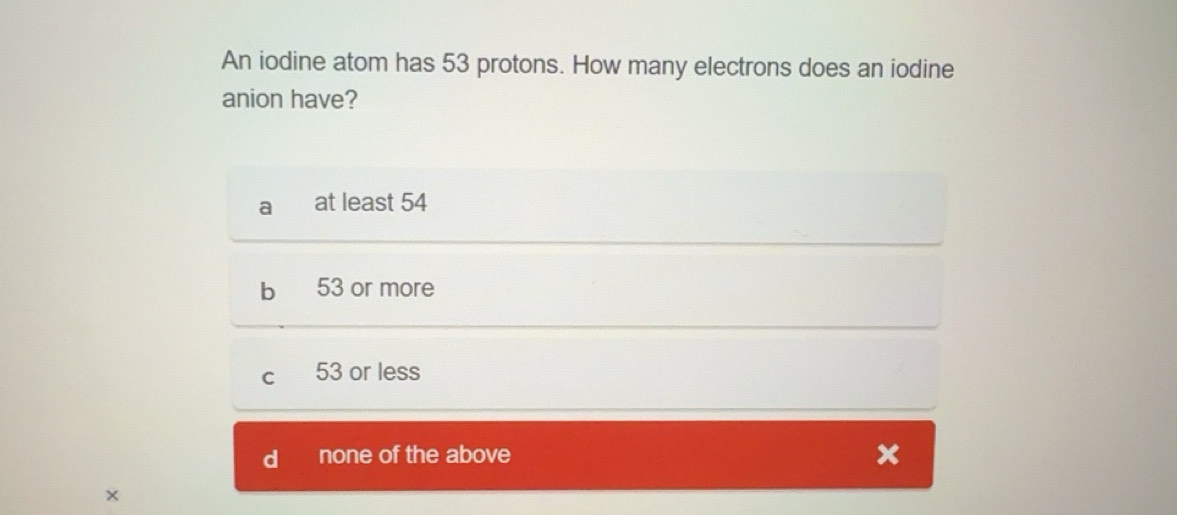 Solved: An iodine atom has 53 protons. How many electrons does an ...
