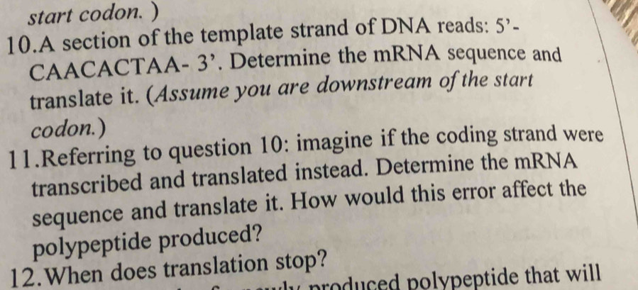 Solved: start codon. ) 10.A section of the template strand of DNA reads ...