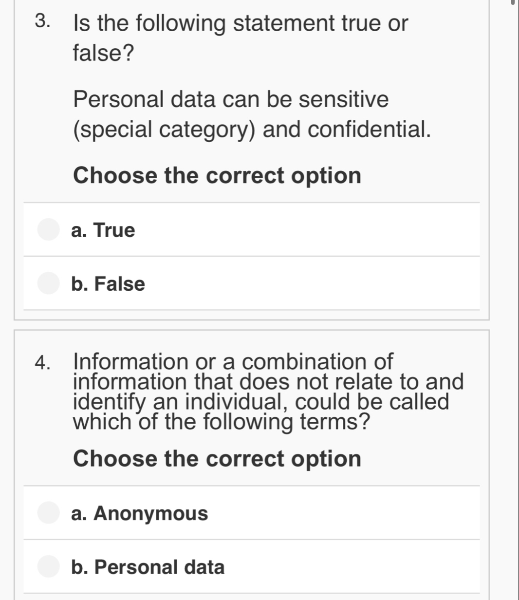 Solved: Is the following statement true or false? Personal data can be ...