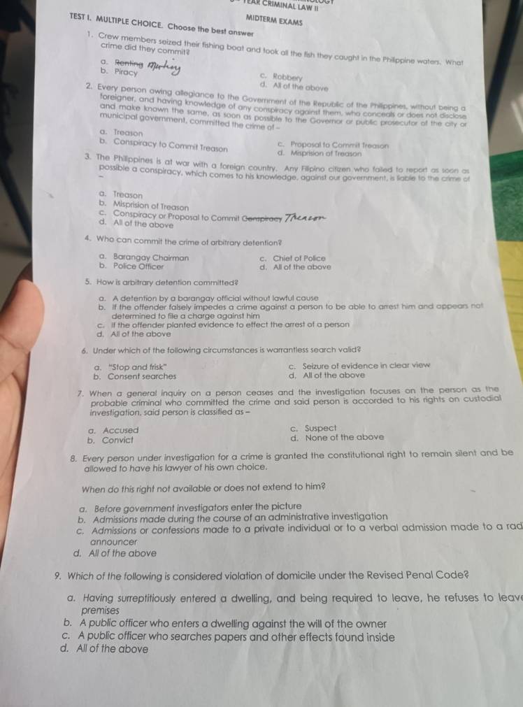 Solved: Tear Criminal Law II MIDTERM EXAMS TEST I. MULTIPLE CHOICE ...