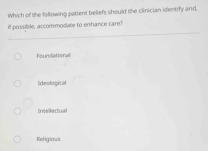 Solved: Which of the following patient beliefs should the clinician ...