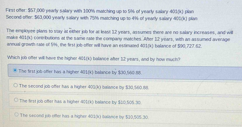 Solved: First offer: $57,000 yearly salary with 100% matching up to 5% ...