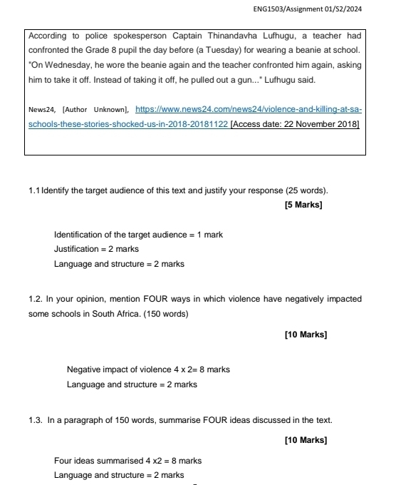 Solved: ENG1503/Assignment 01/S2/2024 1.1 Identify the target audience of this text and justify ...