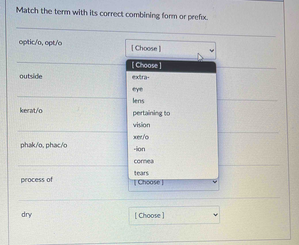 Solved: Match the term with its correct combining form or prefx. optic ...