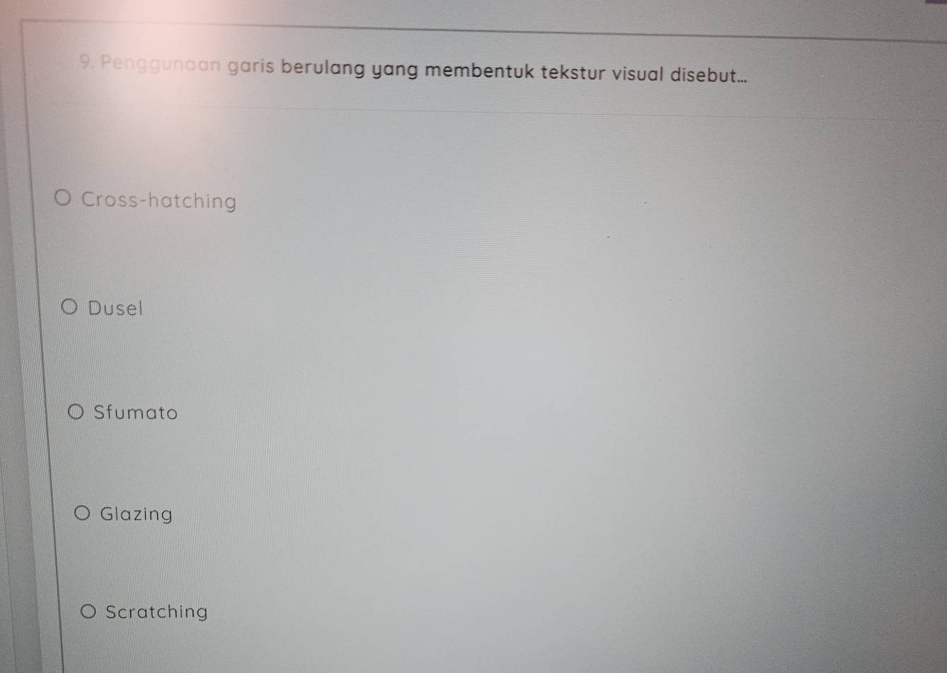 Telah dijawab:Penggunaan garis berulang yang membentuk tekstur visual ...