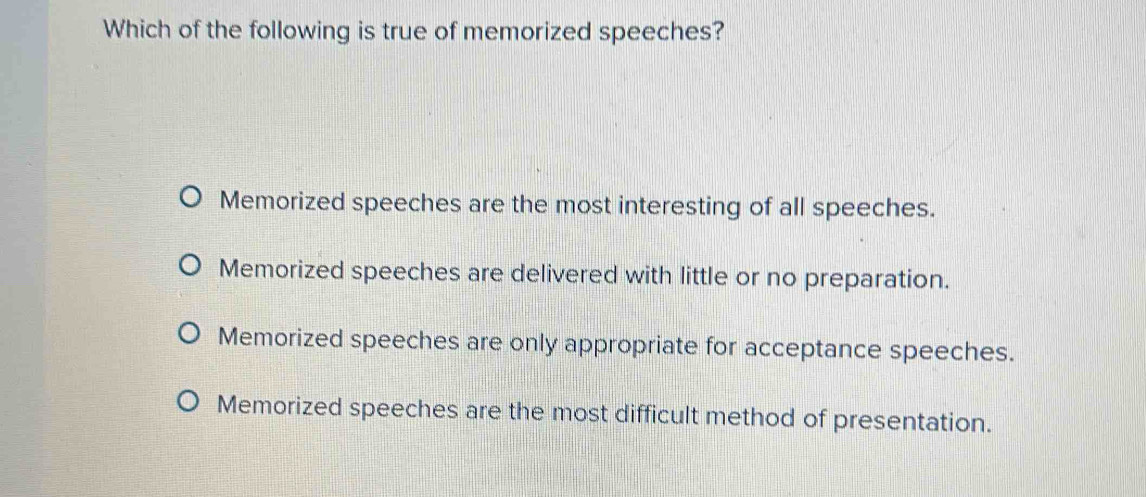 Solved: Which of the following is true of memorized speeches? Memorized ...