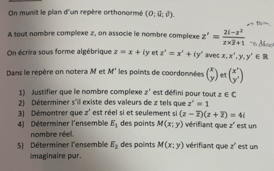 Résolu :On munit le plan d'un repère orthonormé (O;vector u;vector v ...