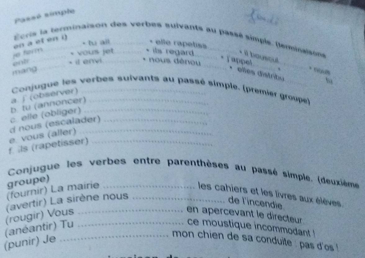 Résolu :Passé simple en a et en i) Écris la terminaison des verbes ...