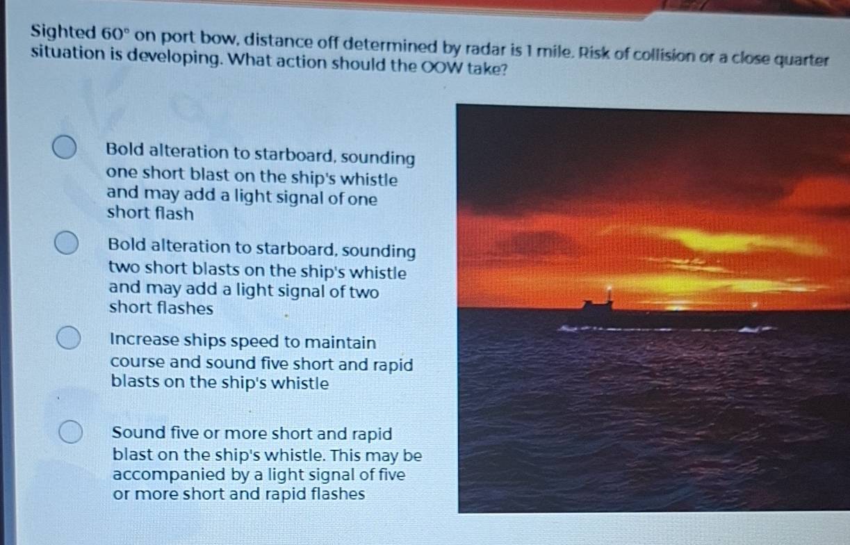Gelöst:Sighted 60° on port bow, distance off determined by radar is 1 ...