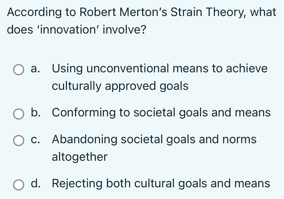 Solved: According to Robert Merton’s Strain Theory, what does ...
