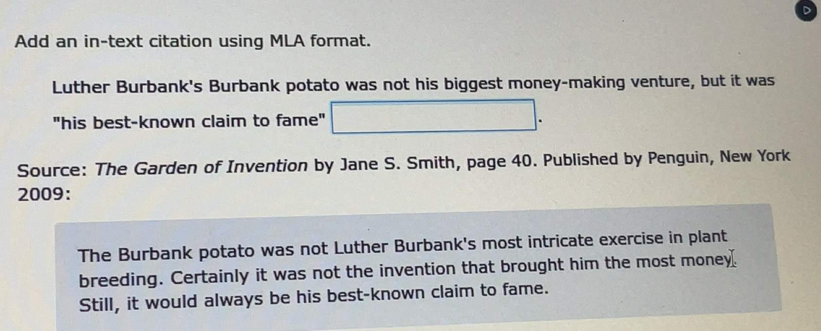 Solved: Add an in-text citation using MLA format. Luther Burbank's ...