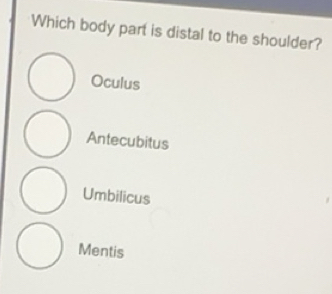 Solved: Which body part is distal to the shoulder? Oculus Antecubitus ...