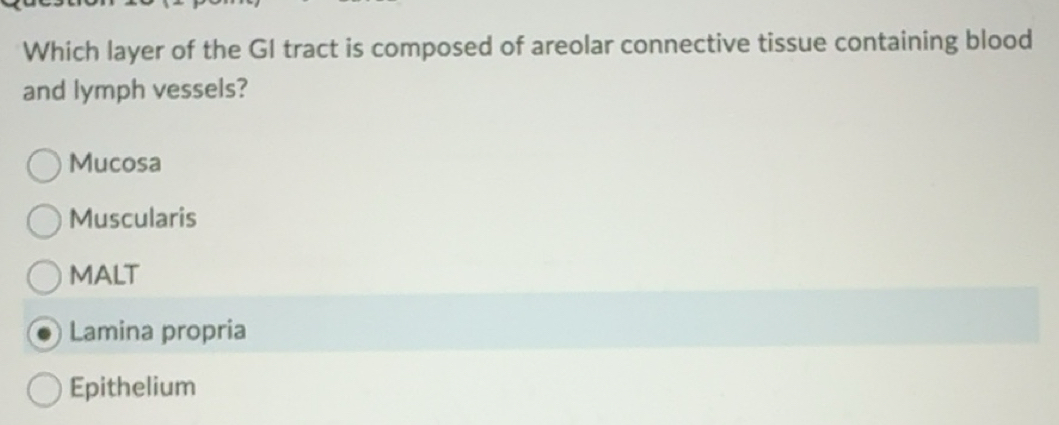 Solved: Which layer of the GI tract is composed of areolar connective ...