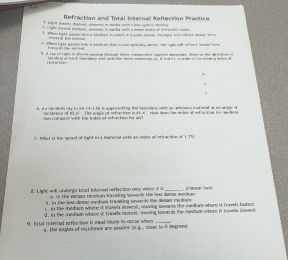Solved: Refraction and Total Internal Reflection Practice 1. Light ...
