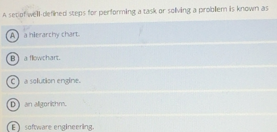 Solved: A set of well-defined steps for performing a task or solving a problem is known as A a ...