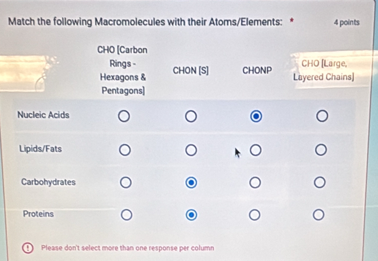 Solved: Match the following Macromolecules with their Atoms/Elements: * 4 points CHO [Carbon Rin ...
