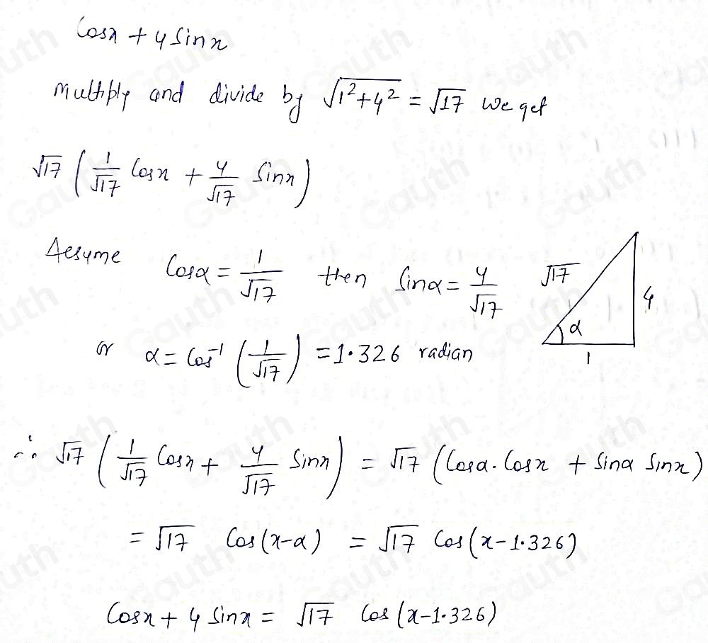 تم الحل:Express cos x+4sin x in the form Rcos (x-alpha ) where R>0 and 0 Give the exact value of R